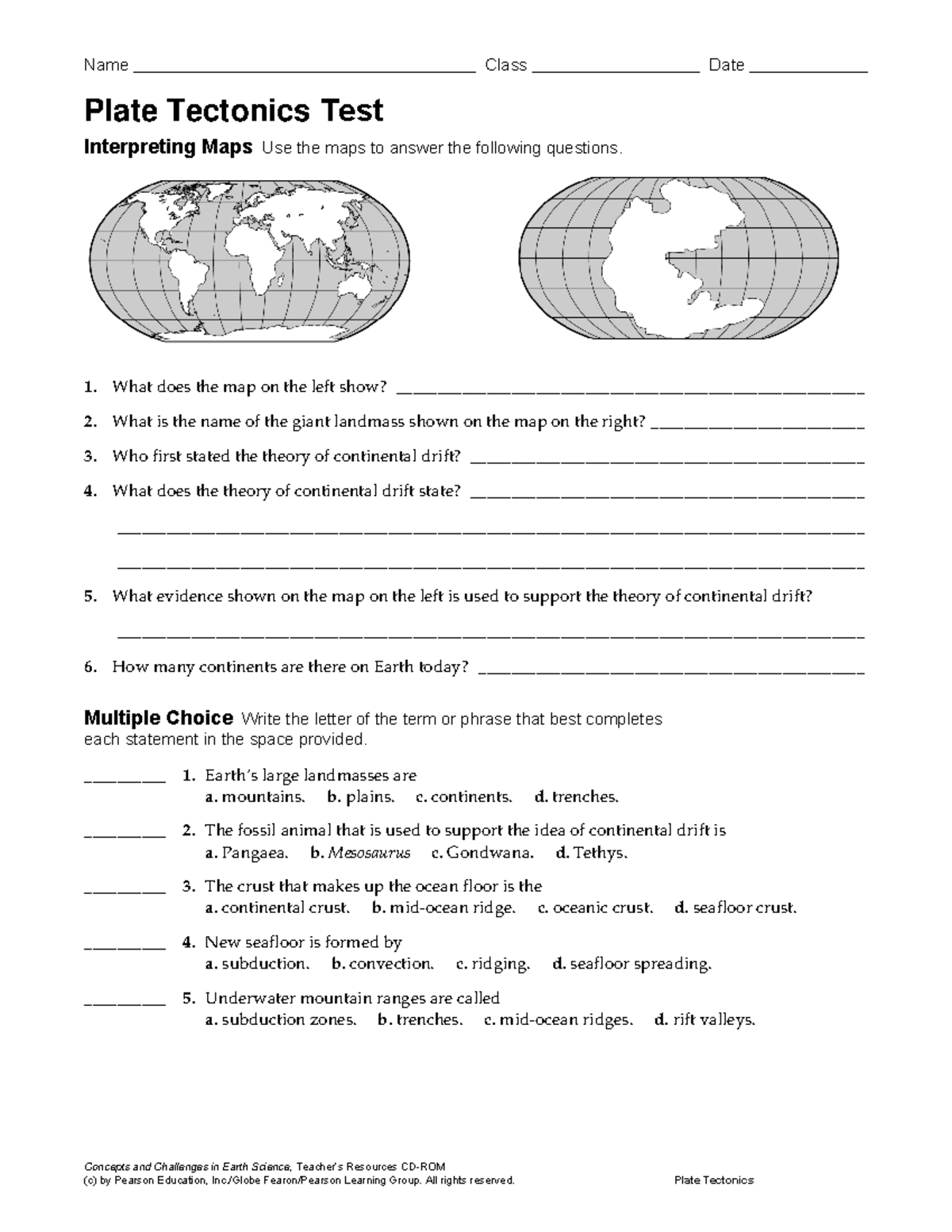 Plate Tectonics Test (Class Date) - Map Interpretation & Questions ...