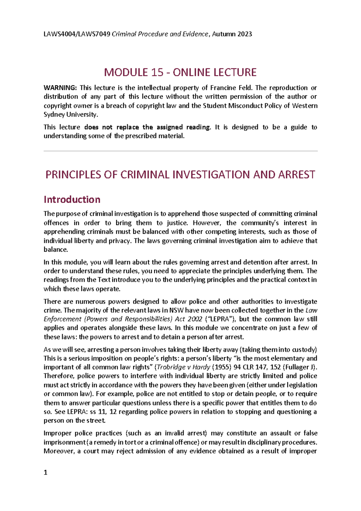 Module 15 - criminal invest and arrest - MODULE 15 - ONLINE LECTURE ...