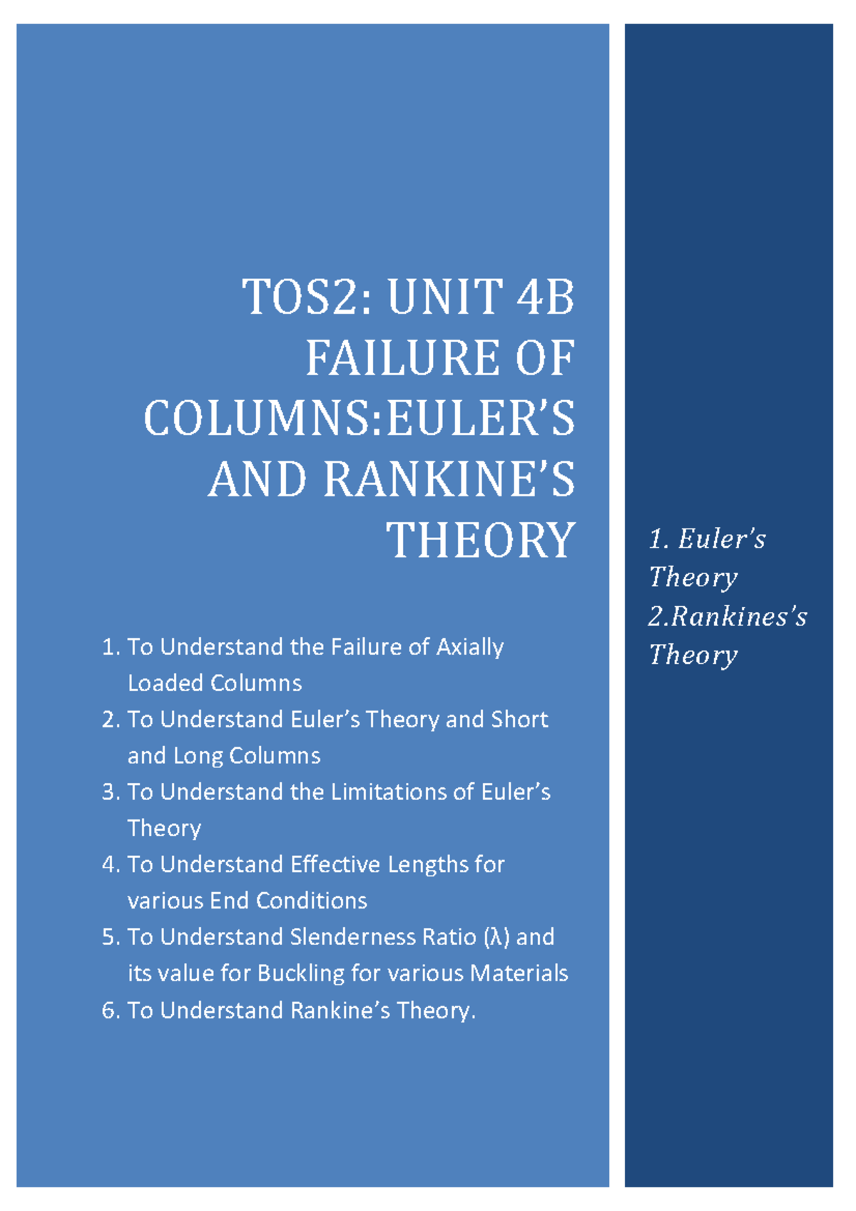 Unit 4B: Analysis of Column Failures - Euler's & Rankine's Theories ...