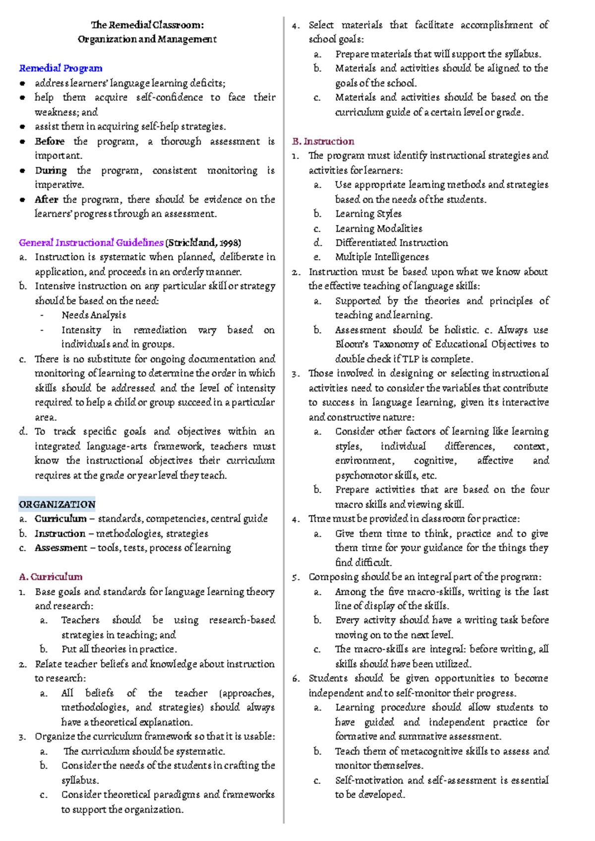 Remedial Classroom Management & Organization Strategies - Studocu
