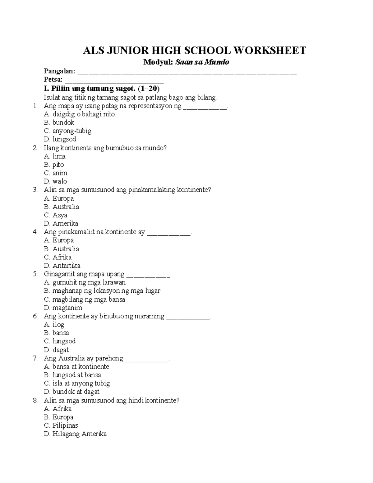 ALS JUNIOR HIGH SCHOOL WORKSHEET: Saan sa Mundo? - Studocu