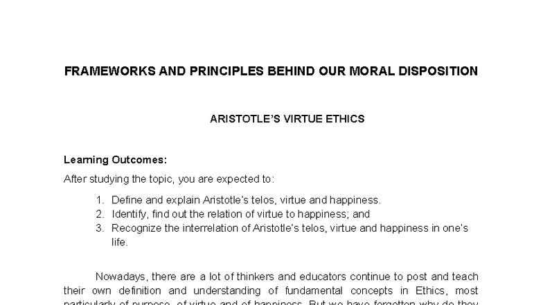 Lesson 8: Virtue Ethics and Moral Disposition Frameworks - Studocu