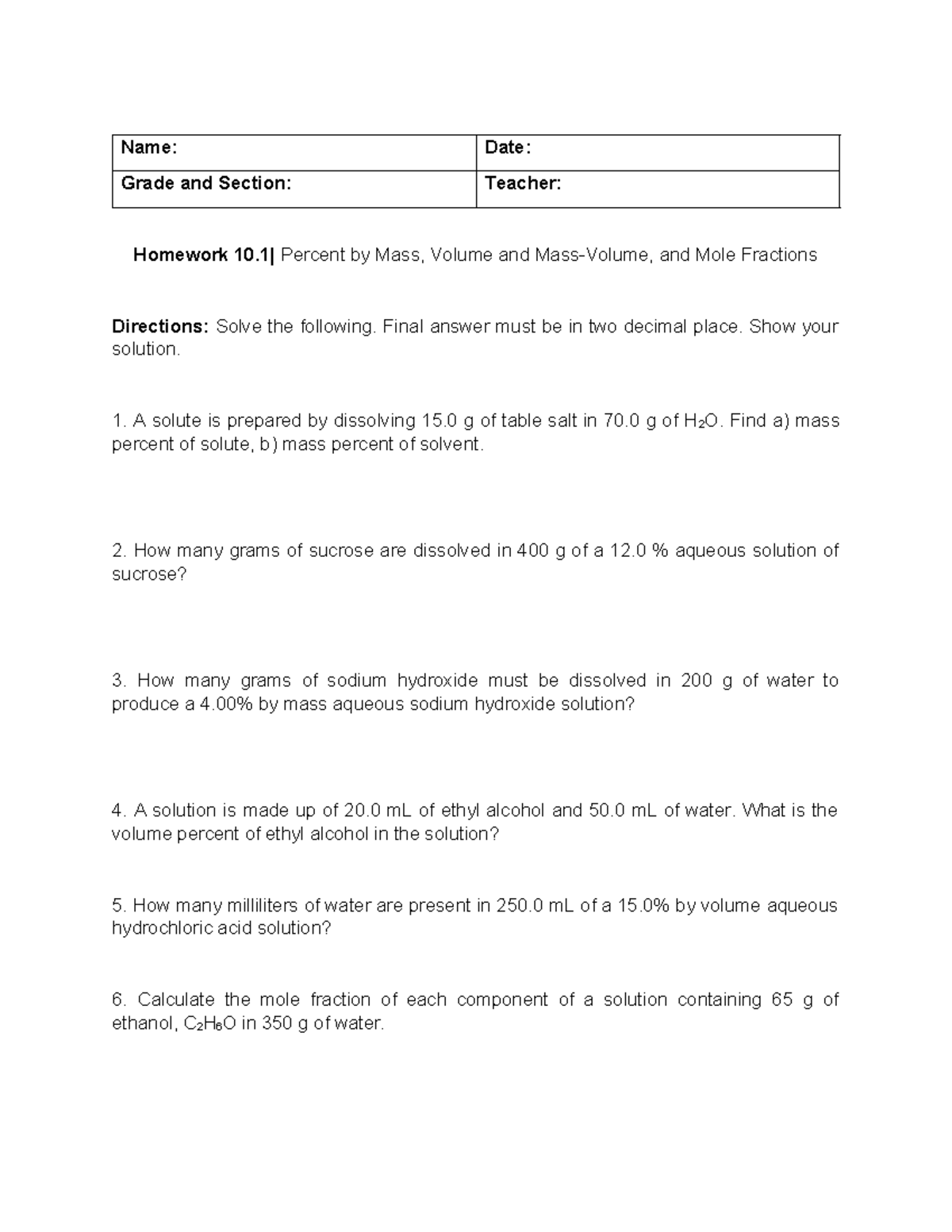 Homework 10: Mass-Volume Calculations and Mole Fractions - Studocu