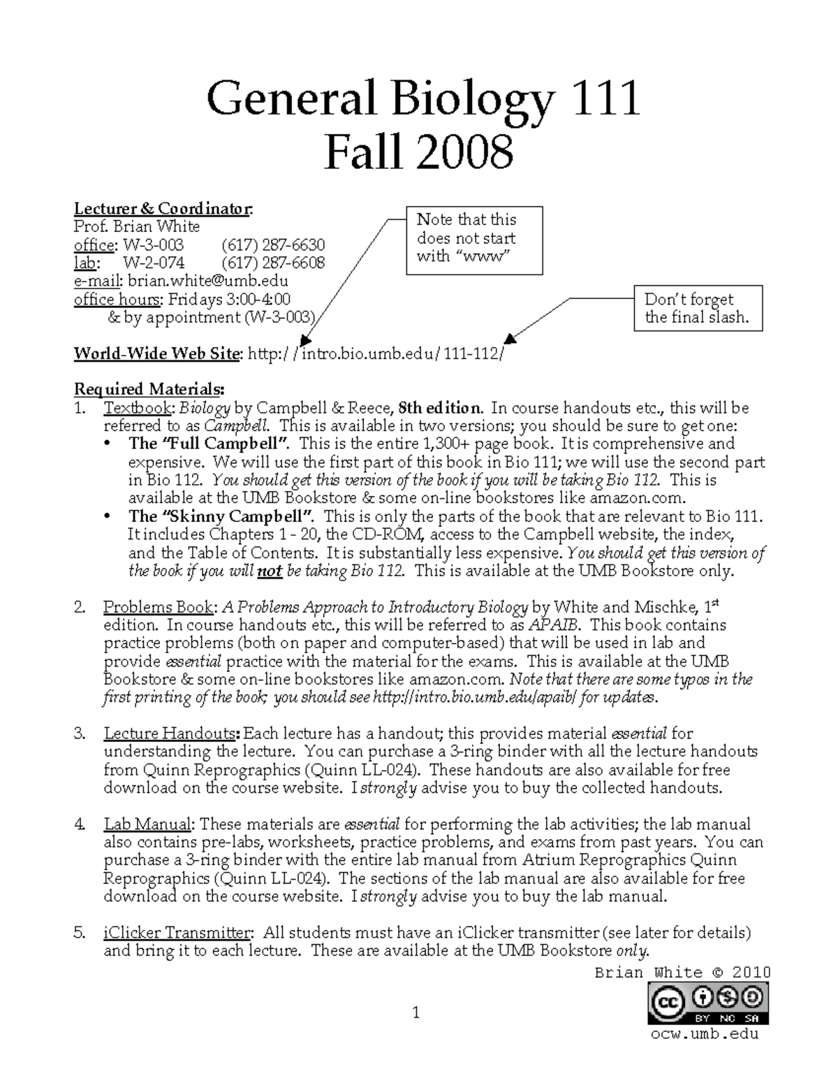 Biology 111 Syllabus - Fall 2008 - Prof. Brian White - Studocu