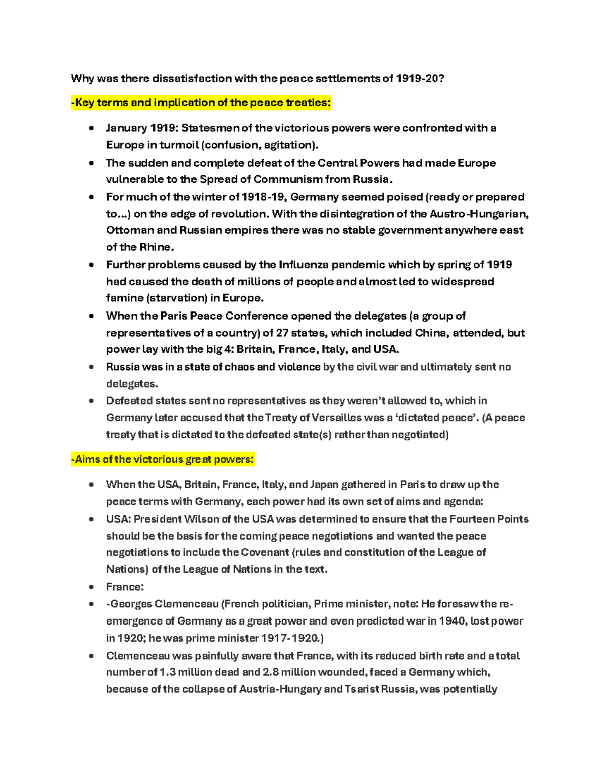 AICE International History: Chapter 2 Notes on 1919-20 Peace ...