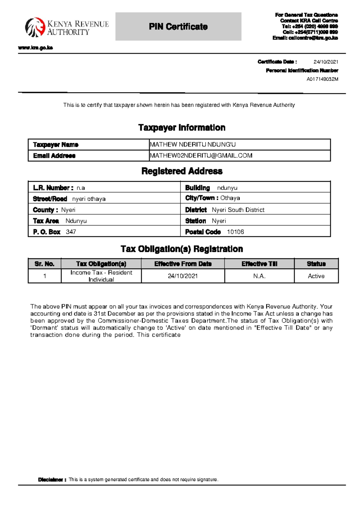 Receipt - wwwww - Certificate Date : Personal Identification Number 24 ...