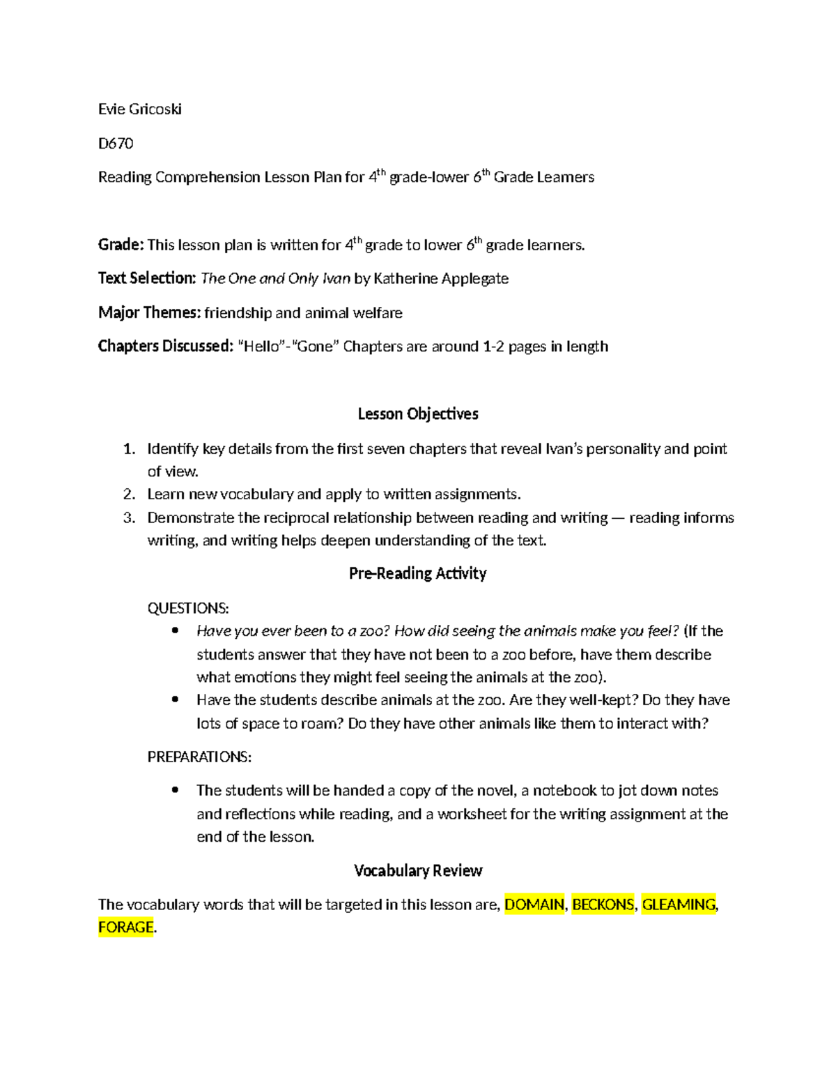 D670 Reading Comprehension Lesson Plan: The One and Only Ivan - Studocu