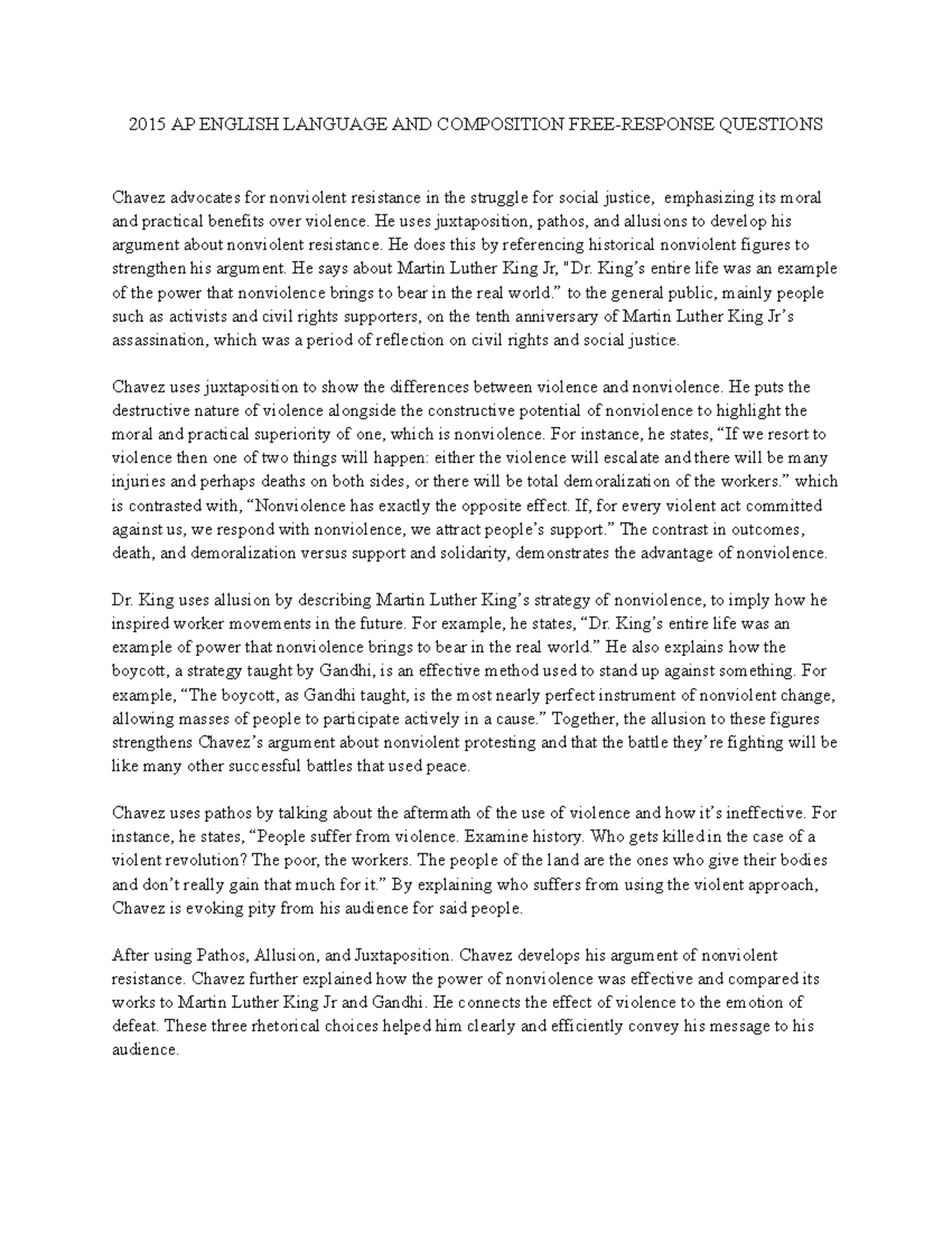 2015 AP ENG LANG - Nonviolent Resistance Analysis Essay - Studocu