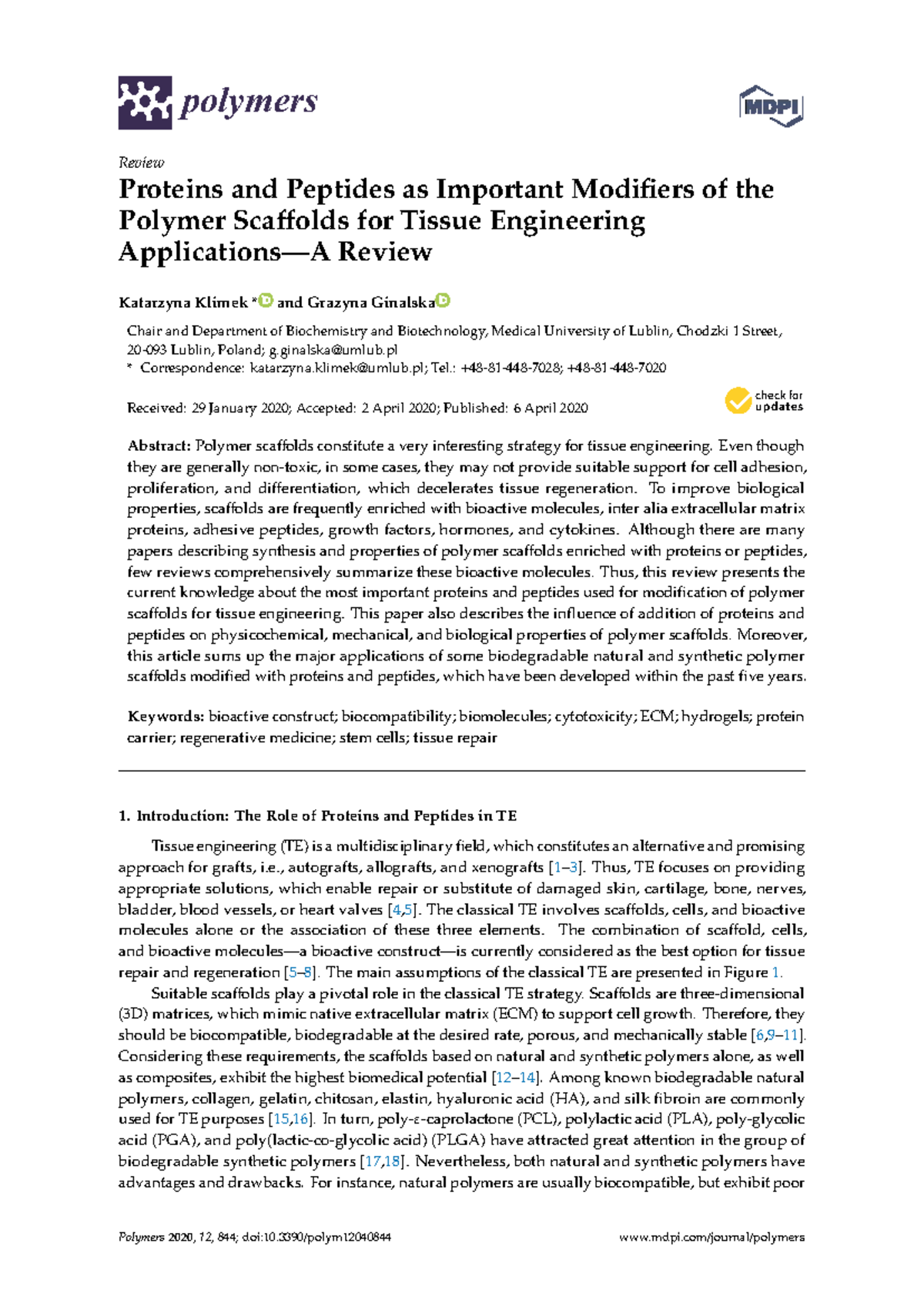 Polymers 12: Review of Proteins and Peptides in Tissue Engineering ...
