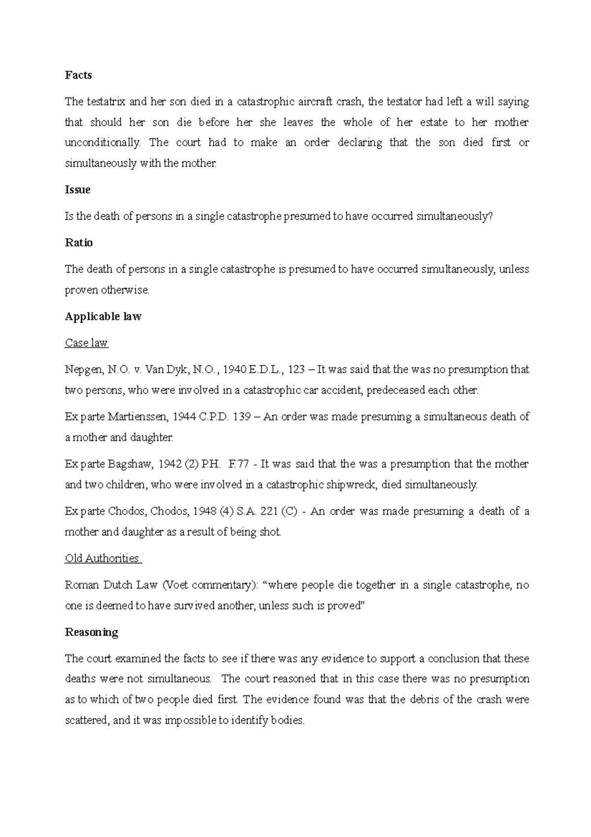 Ex Parte Graham Case Summary: Presumption of Simultaneous Deaths - Studocu