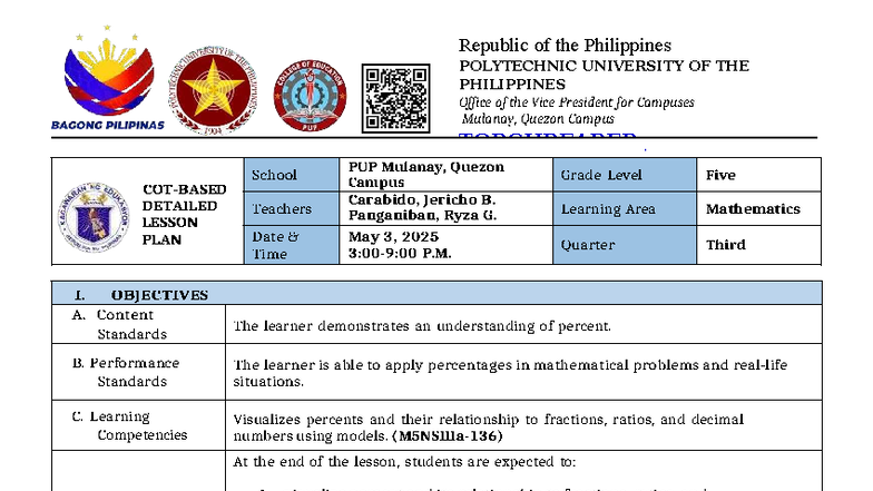 MATH 5 DLP: Visualizing Percent Lesson Plan for Grade 5 - Studocu