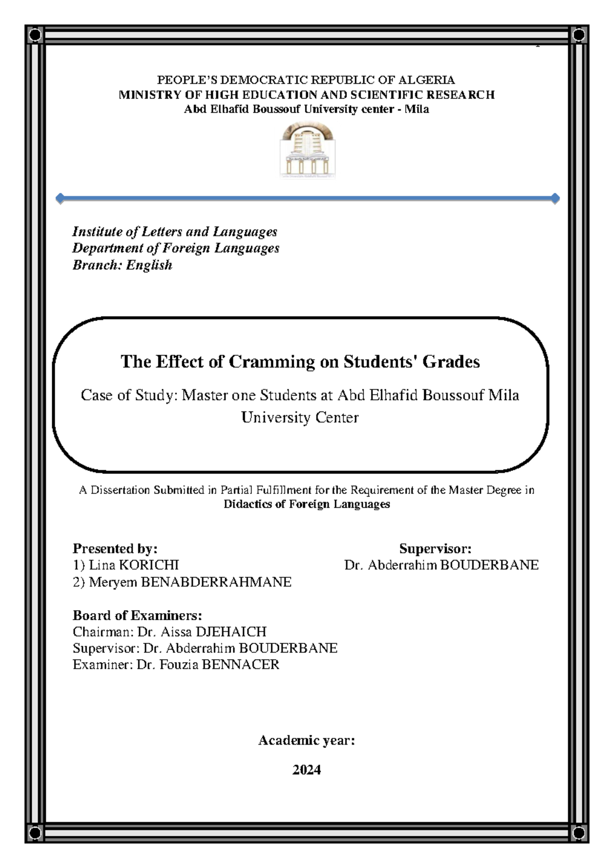 The Effect of Cramming on Grades: A Case Study of Master 1 Students at ...
