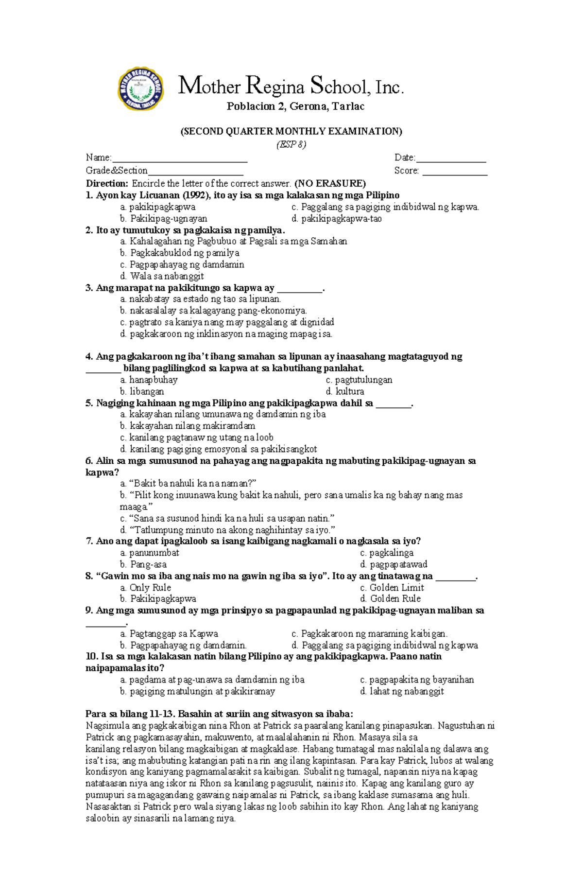 ESP 8 2nd Quarter Test Reviewer - Mga Tanong at Sagot - Studocu