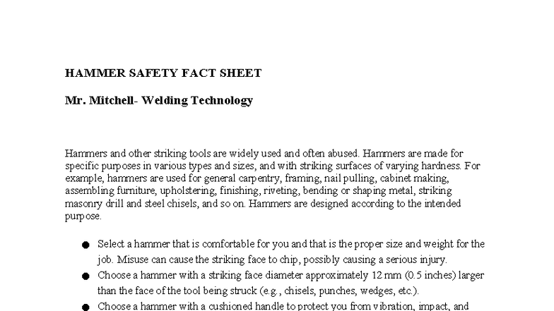 WELD 101: Hammer Safety & Types Worksheet - Studocu