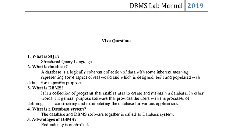 DBMS Lab Manual 2019: Key Viva Questions and Answers - Studocu