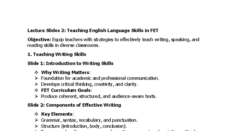 Lecture Slides 2: Teaching English Language Skills in FET - Studocu