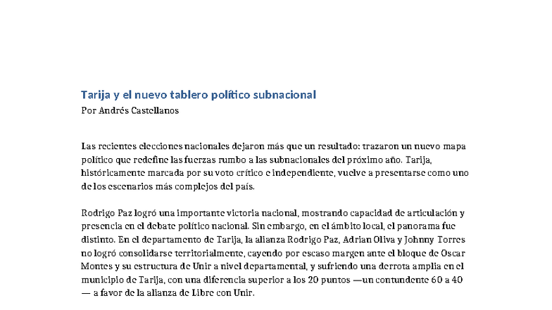 Tarija y el Nuevo Mapa Político Subnacional: Análisis Post-Elecciones ...