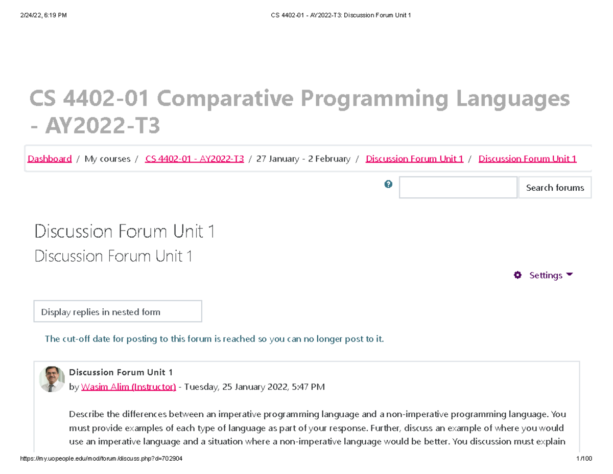 CS4402 DF Unit 1 - CS 4402 Discussion Forum Unit 1 - CS 4402-01 Comparative Programming ...