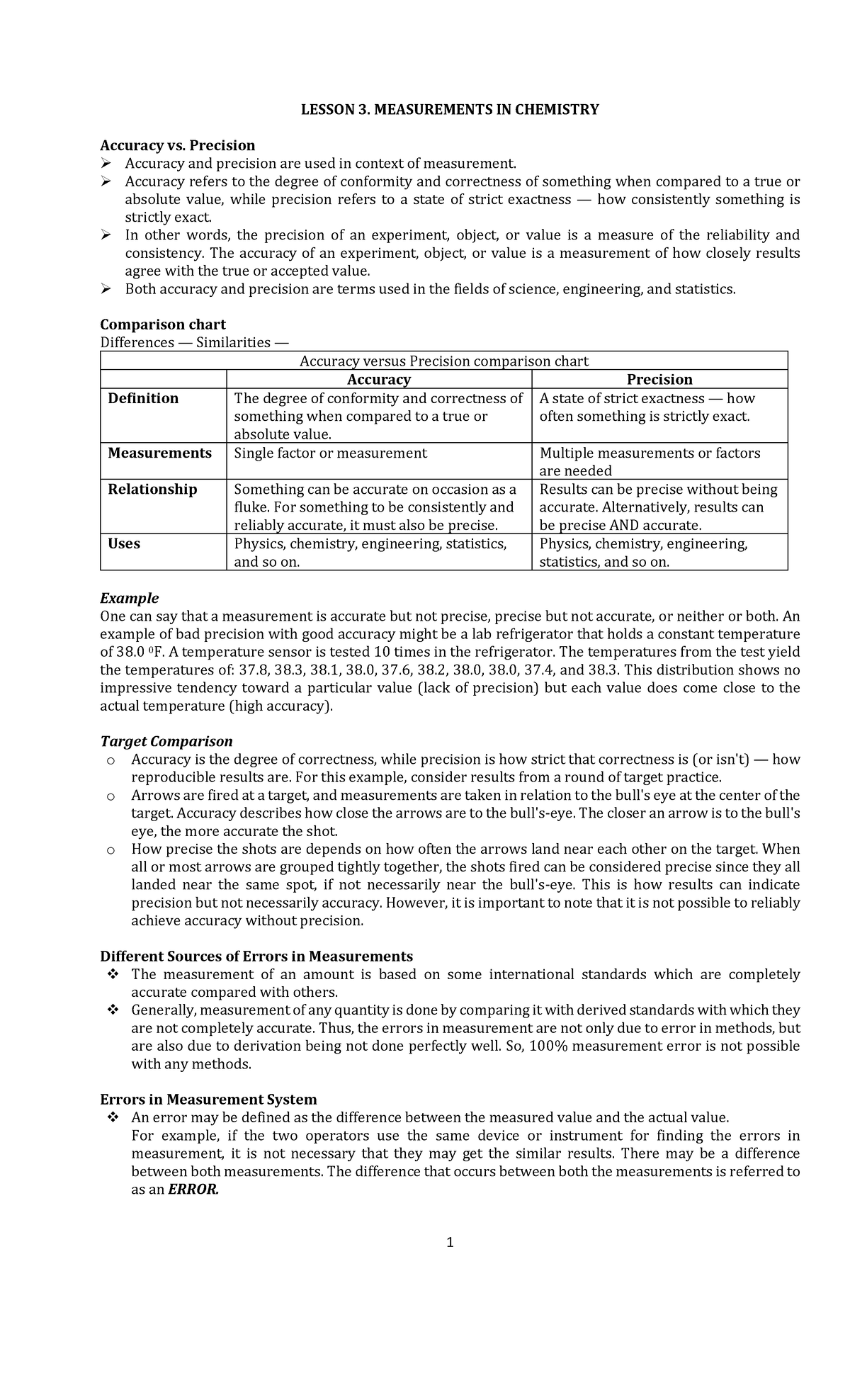 Lesson 3: Measurements in Chemistry - Accuracy vs. Precision - Studocu