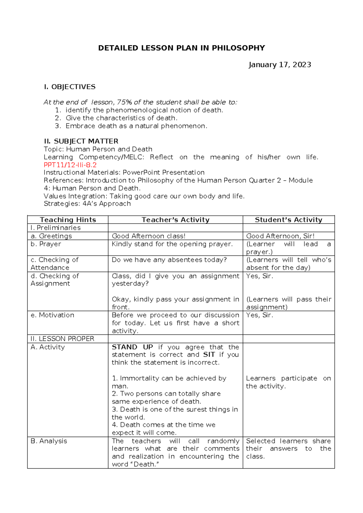 PHI 101: Detailed Lesson Plan on Human Person and Death - Studocu