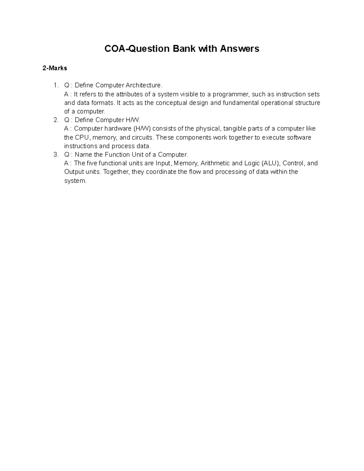 COA CAT Question Bank: Computer Architecture Concepts and Definitions ...