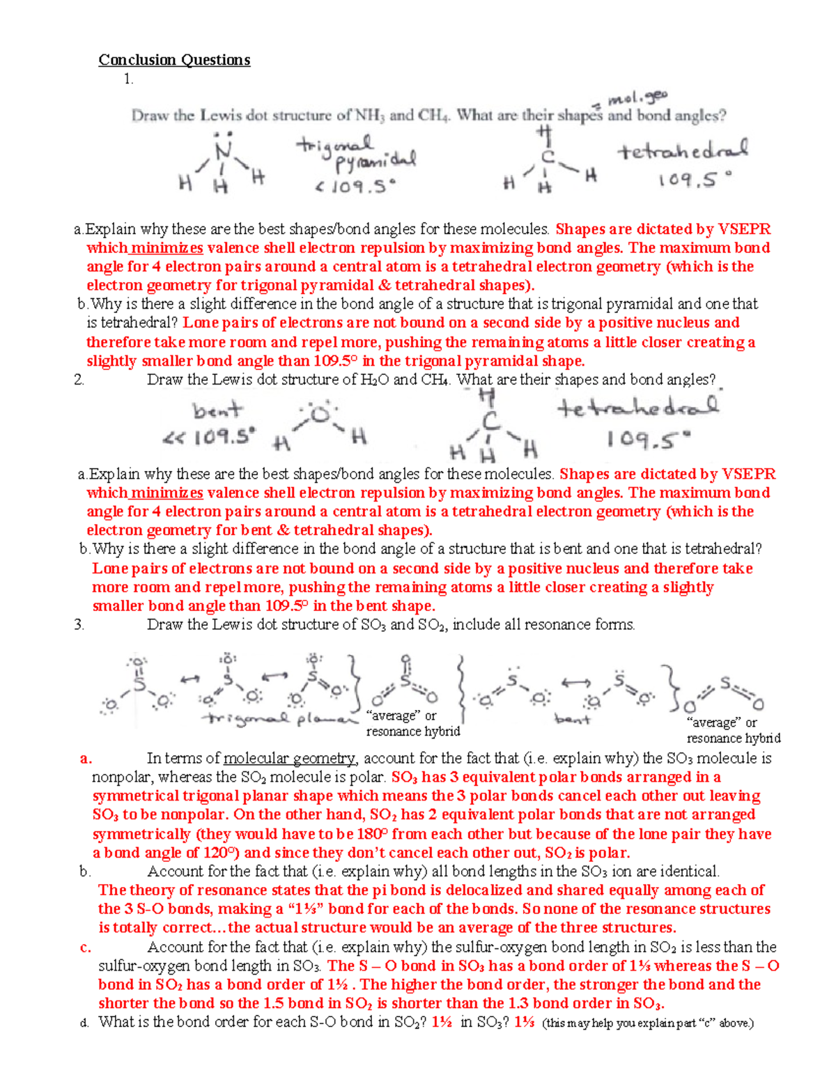 Molecular Model Lab CONCLUSION Questions KEY (Course Code: CHEM101 ...