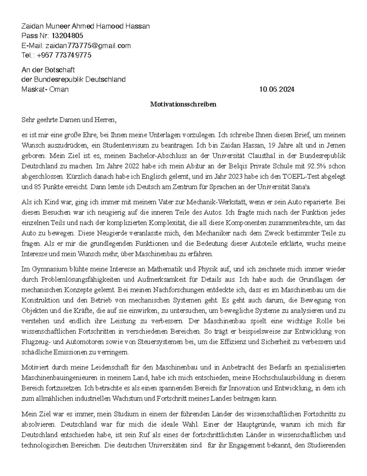 Motivationsschreiben für Studentenvisum - Zaidan Muneer Ahmed Hamood ...
