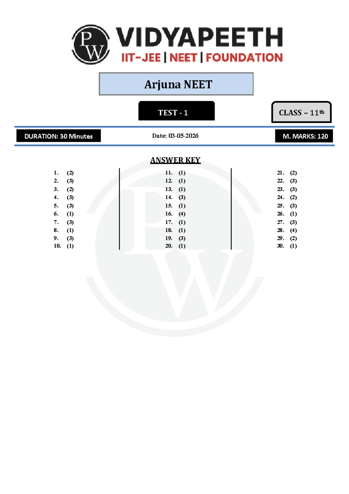 Arjuna NEET Test-1 Class 11th (2026-27) Answer Key & Solutions - Studocu