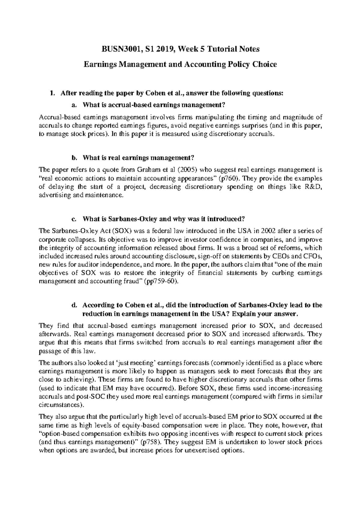 Tutorial Notes - Week 5 - Earnings Management - Updated - BUSN3001, S1 ...