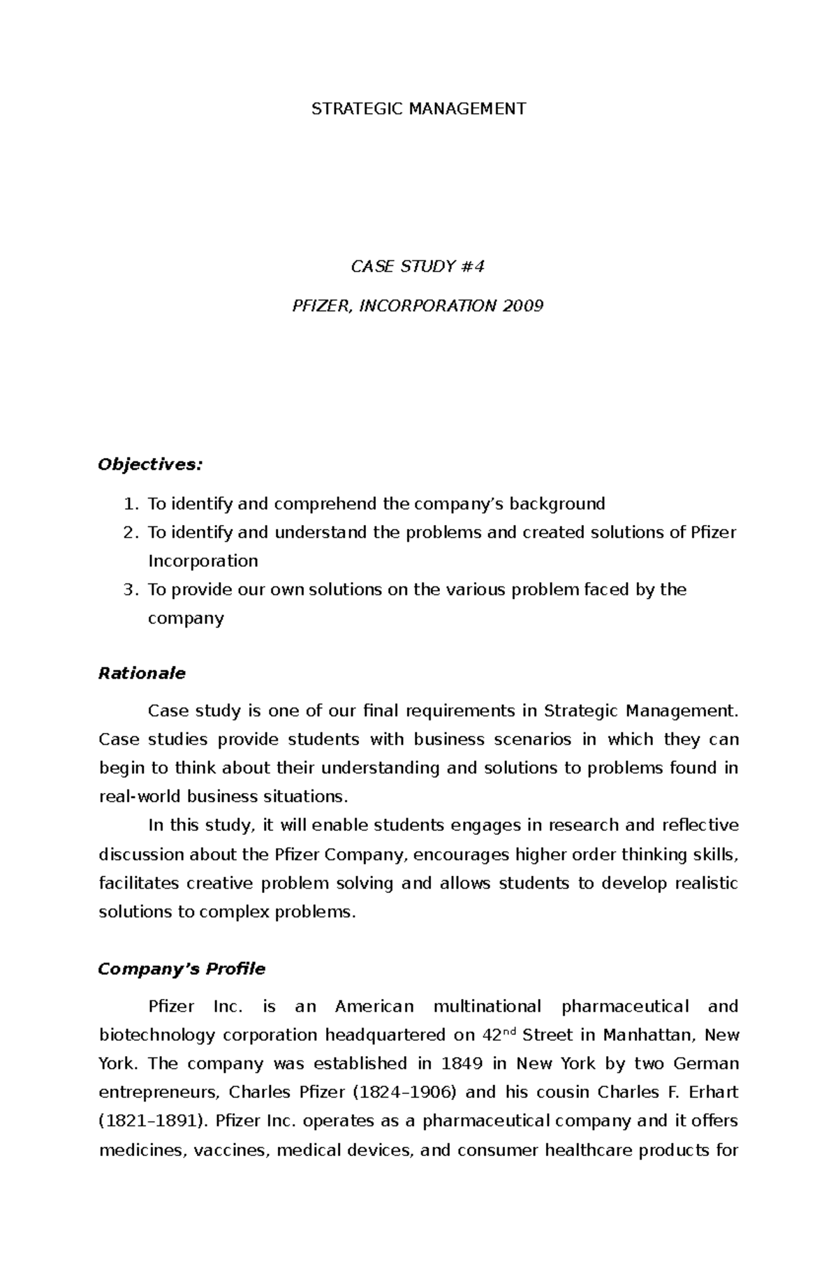 Strategic Management Case Study: Pfizer Inc. 2009 Analysis - Studocu
