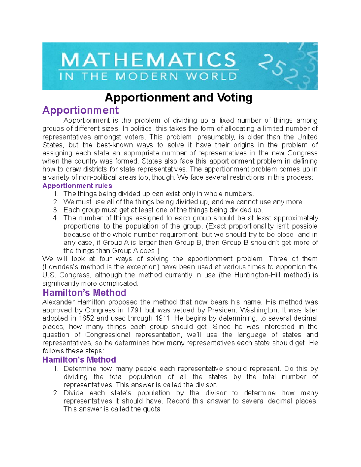 MMW-Apportionment and Voting Module 5 - Apportionment and Voting ...