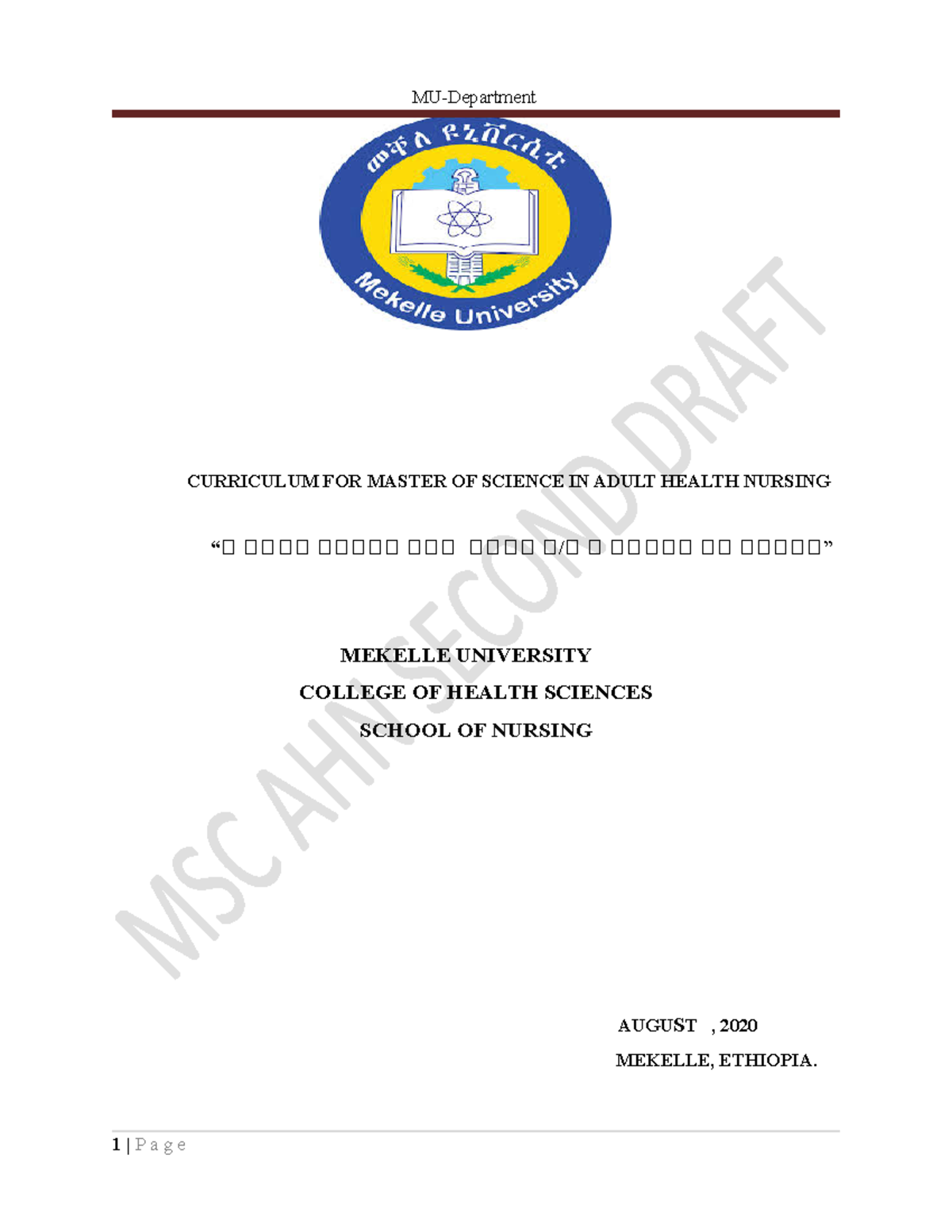 MSc Adult Health Nursing Curriculum Overview - Mekelle University 2020 ...