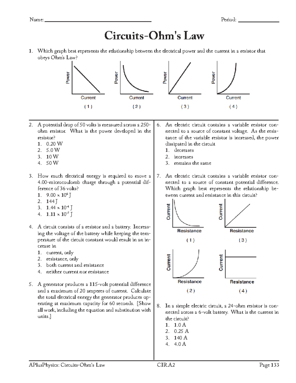Circuits-Ohm s Law - Practice mcq - Circuits-Ohm's Law APlusPhysics ...