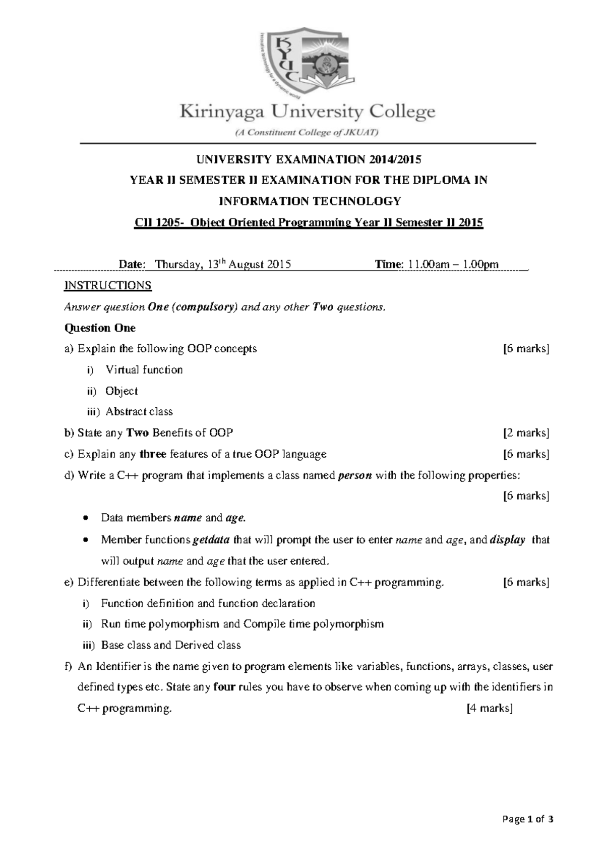 CII 1205 - Object Oriented Programming Exam Paper Year II Sem II 2015 ...