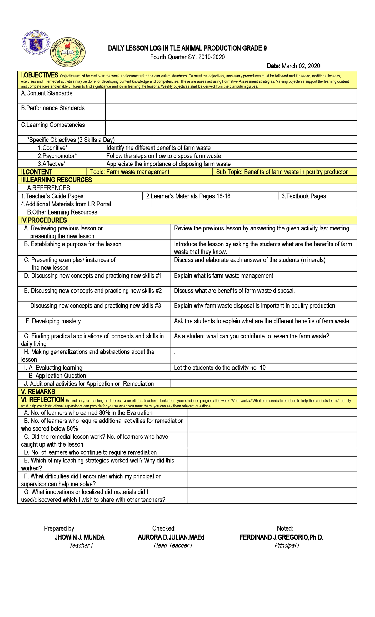 Toaz - REPORTS - DAILY LESSON LOG IN TLE ANIMAL PRODUCTION GRADE 9 ...