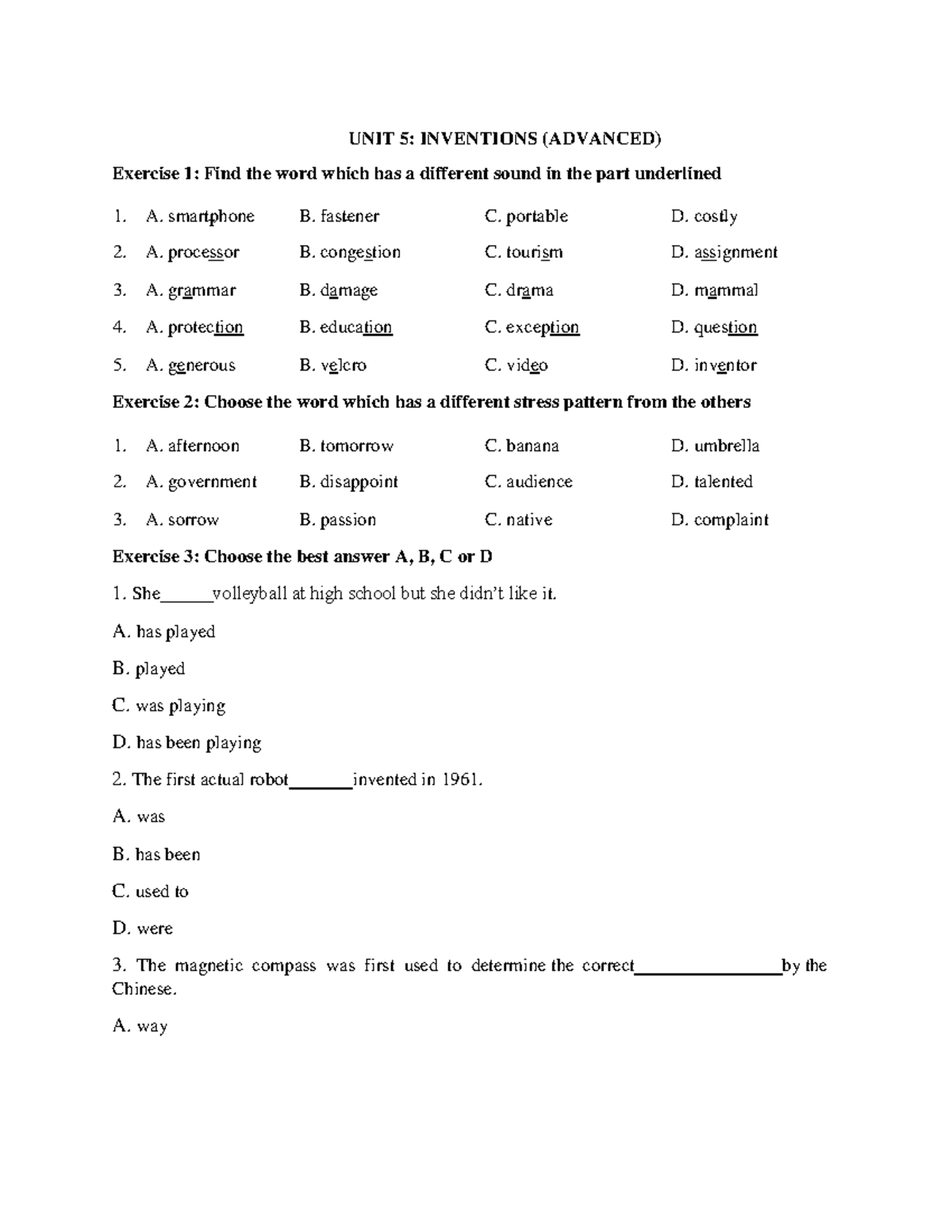 UNIT 5 Inventions Advanced - UNIT 5: INVENTIONS (ADVANCED) Exercise 1 ...