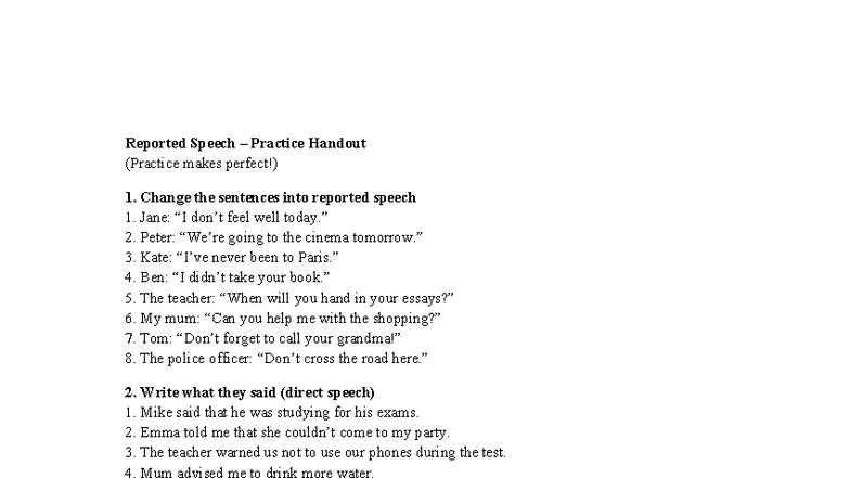 Reported Speech Practice Handout – Exercises and Translations - Studocu