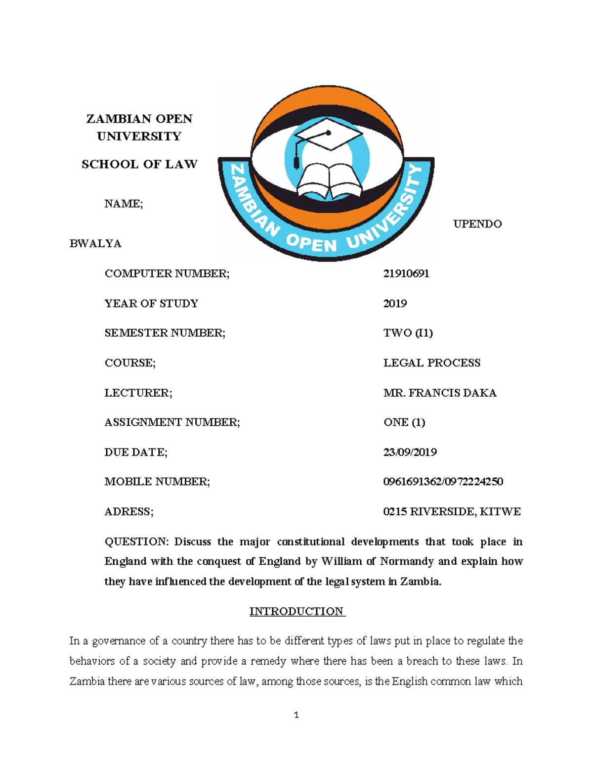 Legal Process Assignment 1: Common Law and Its Influence on Zambia - Studocu
