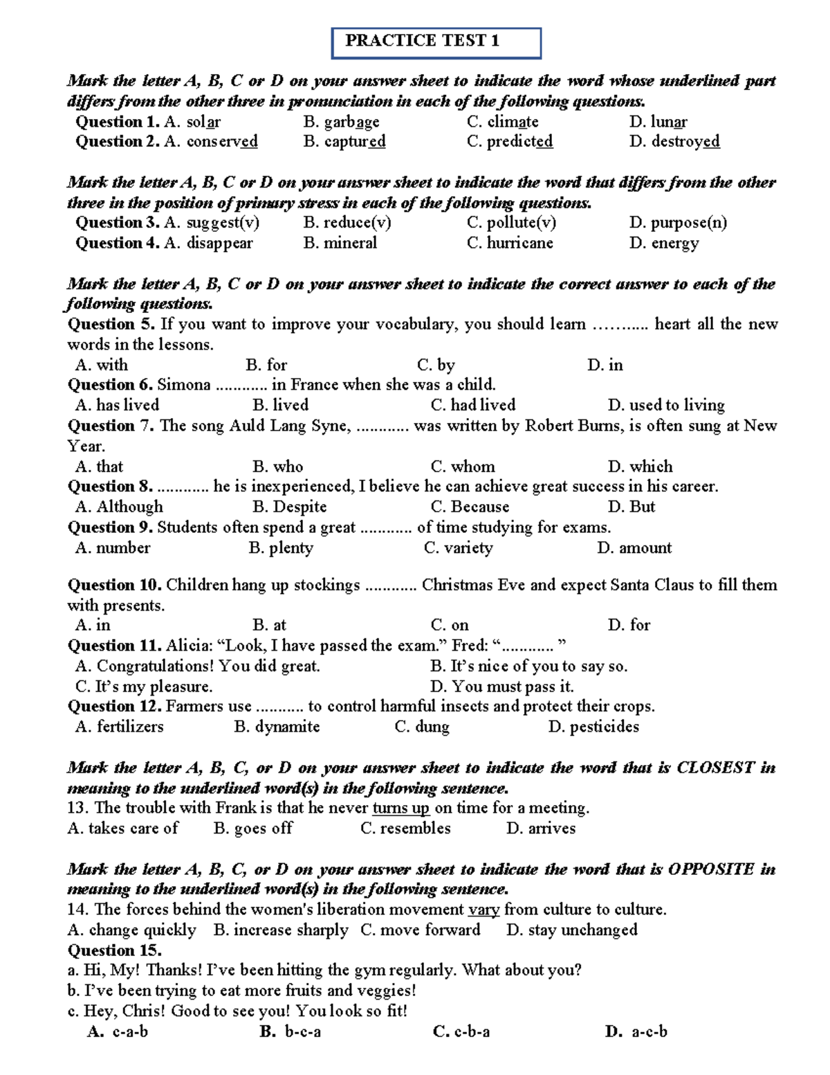 Practice Test 1: Pronunciation and Vocabulary Questions - Studocu