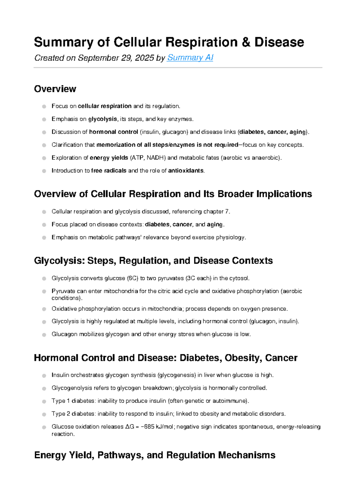 Summary of Cellular Respiration & Disease (BIOL 101): Glycolysis Focus - Studocu