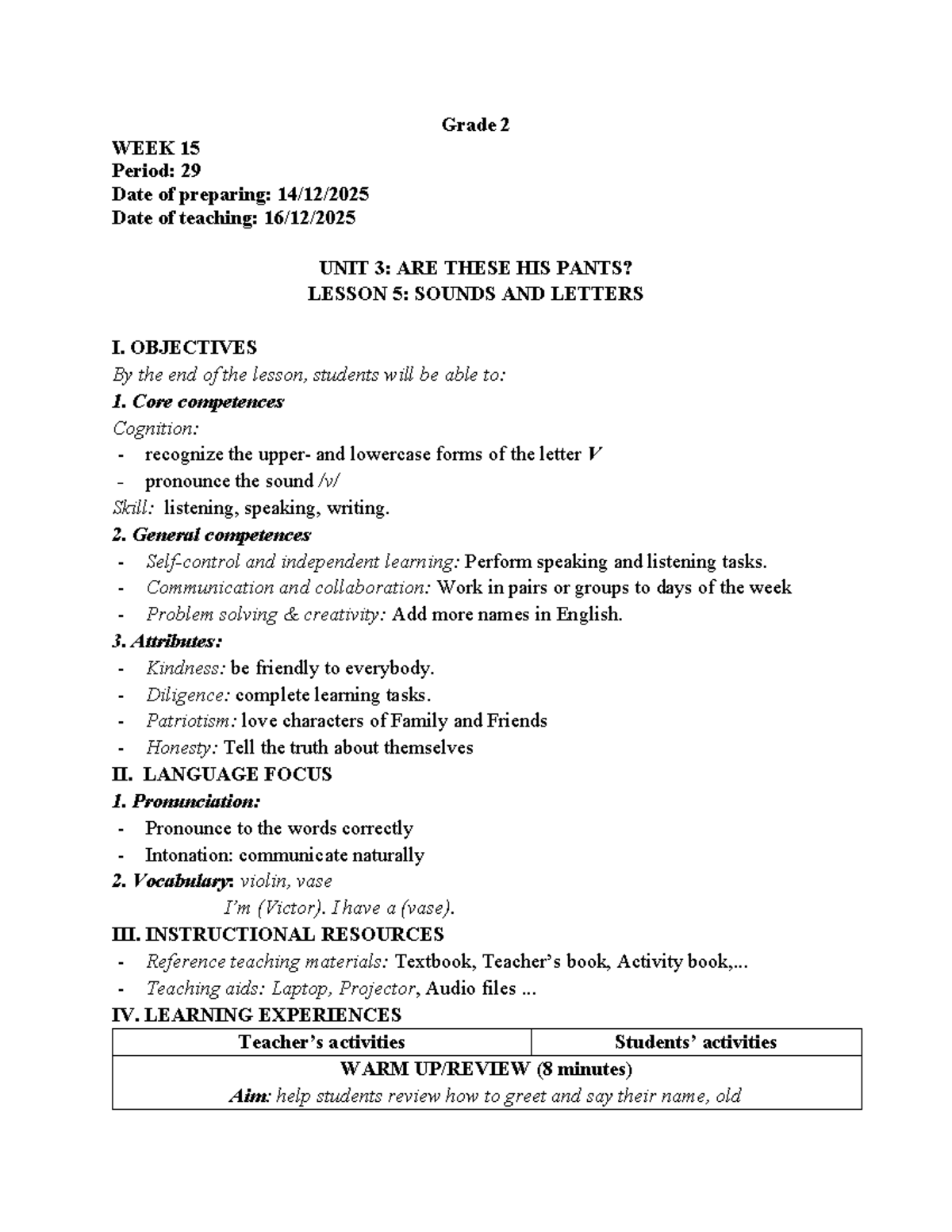 Grade 2 Lesson Plan: Unit 3 - Sounds and Letters (Lesson 5) - Studocu