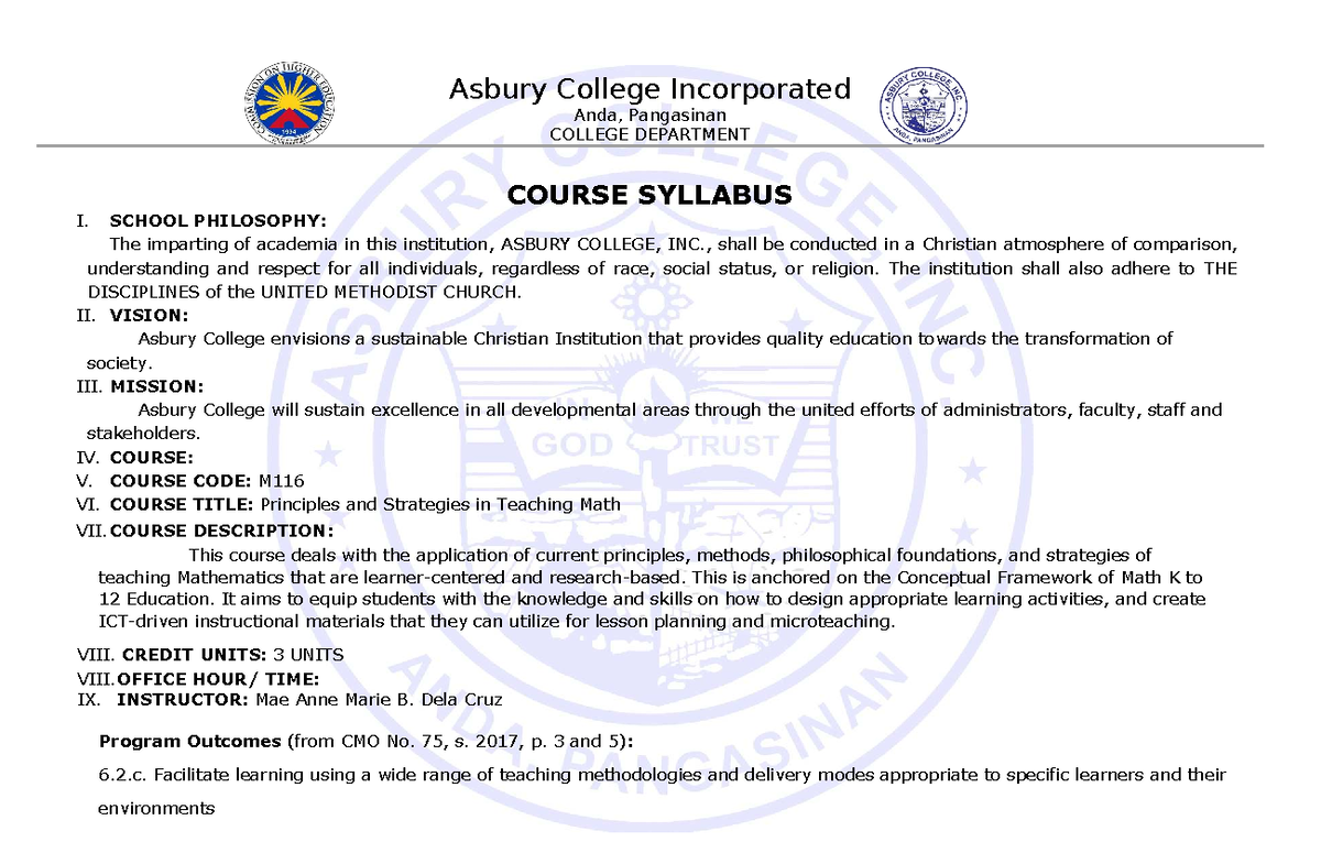 M116 Course Syllabus: Principles & Strategies in Teaching Math - Studocu