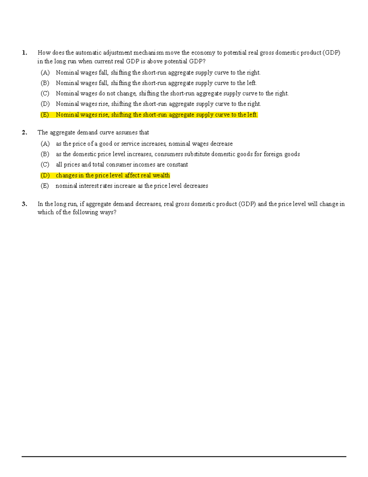 AD-AS Model Exercise Questions for MacroEconomics Course (MIDTERM ...