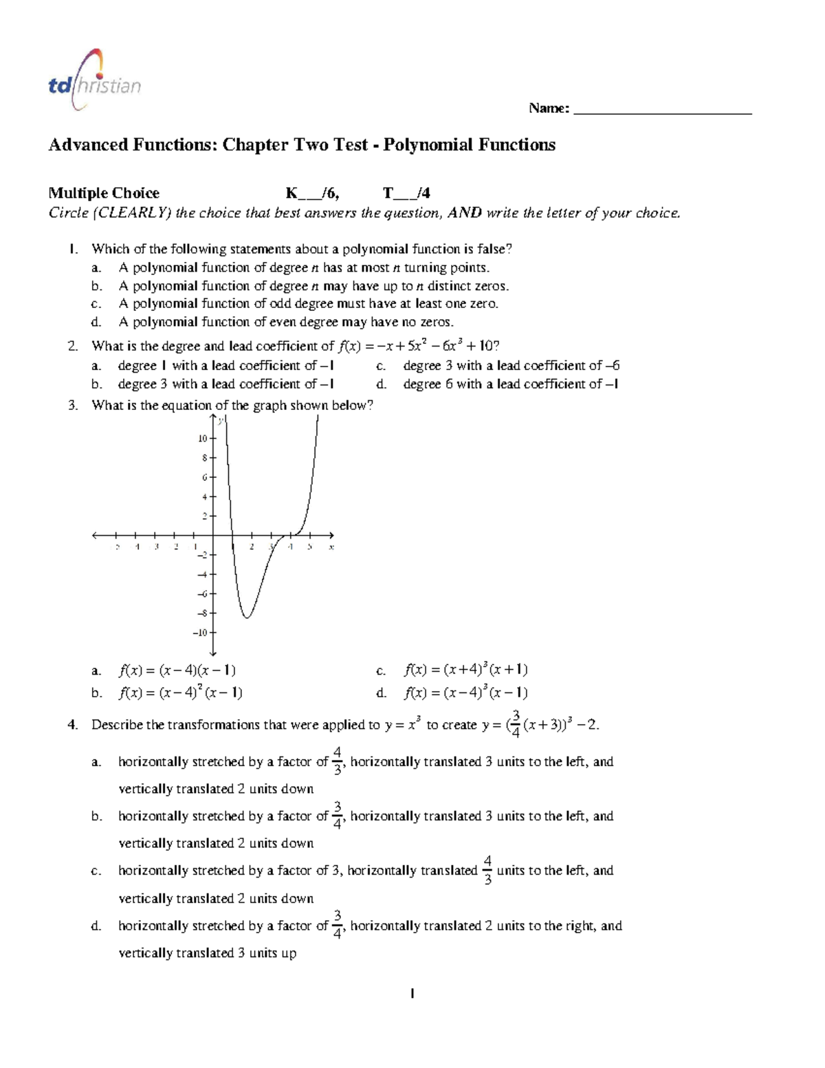MHF4U Polynomial Functions Test - Practice Exam Questions and Solutions ...