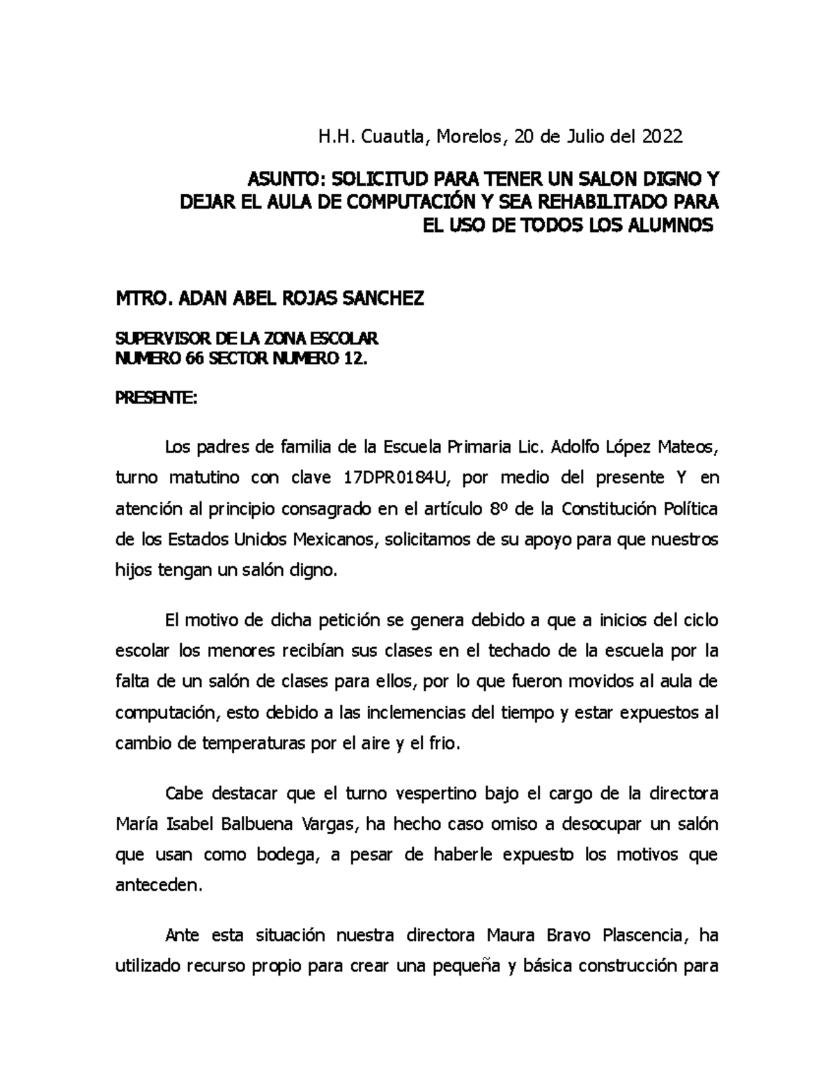 Oficio a Supervisión Escolar para Solicitar Aula Digna - 17DPR0184U ...