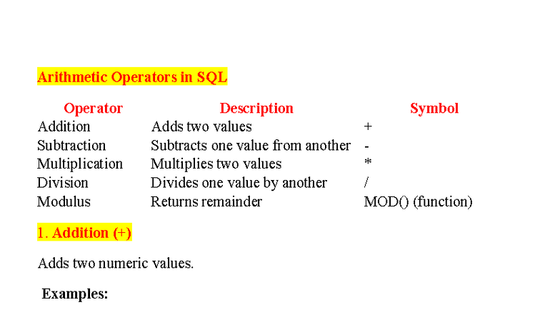 SQL Arithmetic Operators: Addition, Subtraction, Multiplication, Division - Studocu