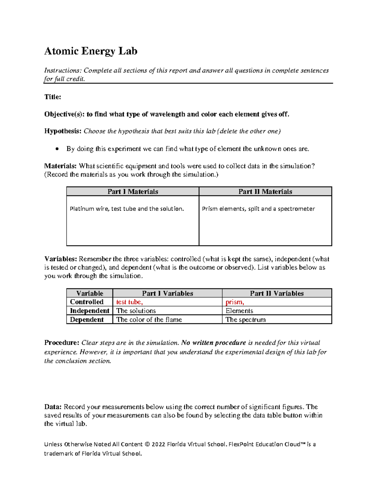 Atomic Energy Lab Report: Identifying Element Wavelengths and Colors ...