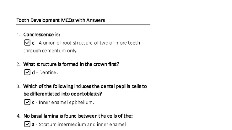 Tooth Development MCQs with Answers - Oral Histology Study Guide - Studocu