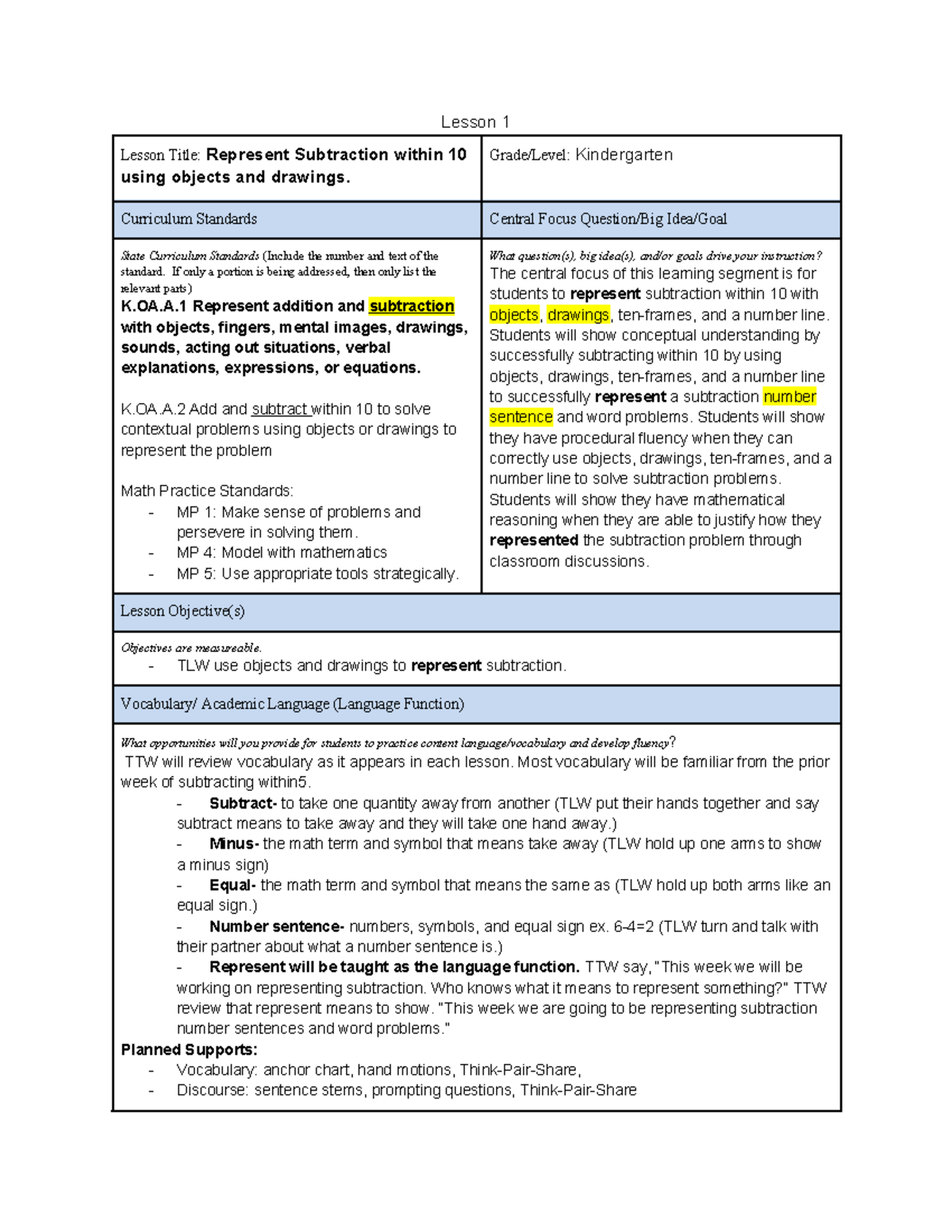 Kindergarten Lesson Plan - Lesson 1 Lesson Title: Represent Subtraction ...