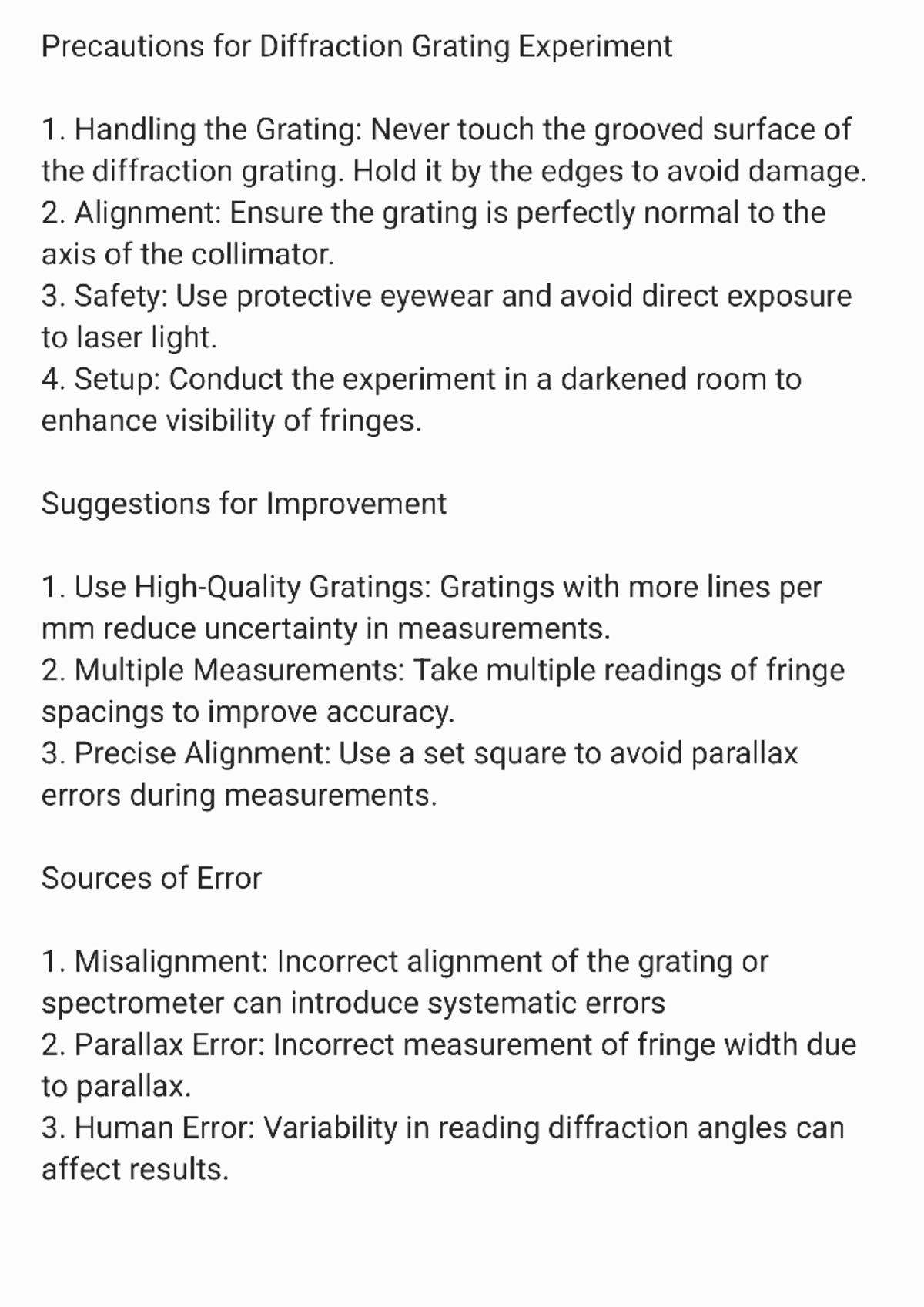 Diffraction Grating Experiment Readings